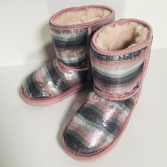 UGG | Shoes | Ugg Girls Classic Short Sequin Pink Grey Stripe Boots 2 ...